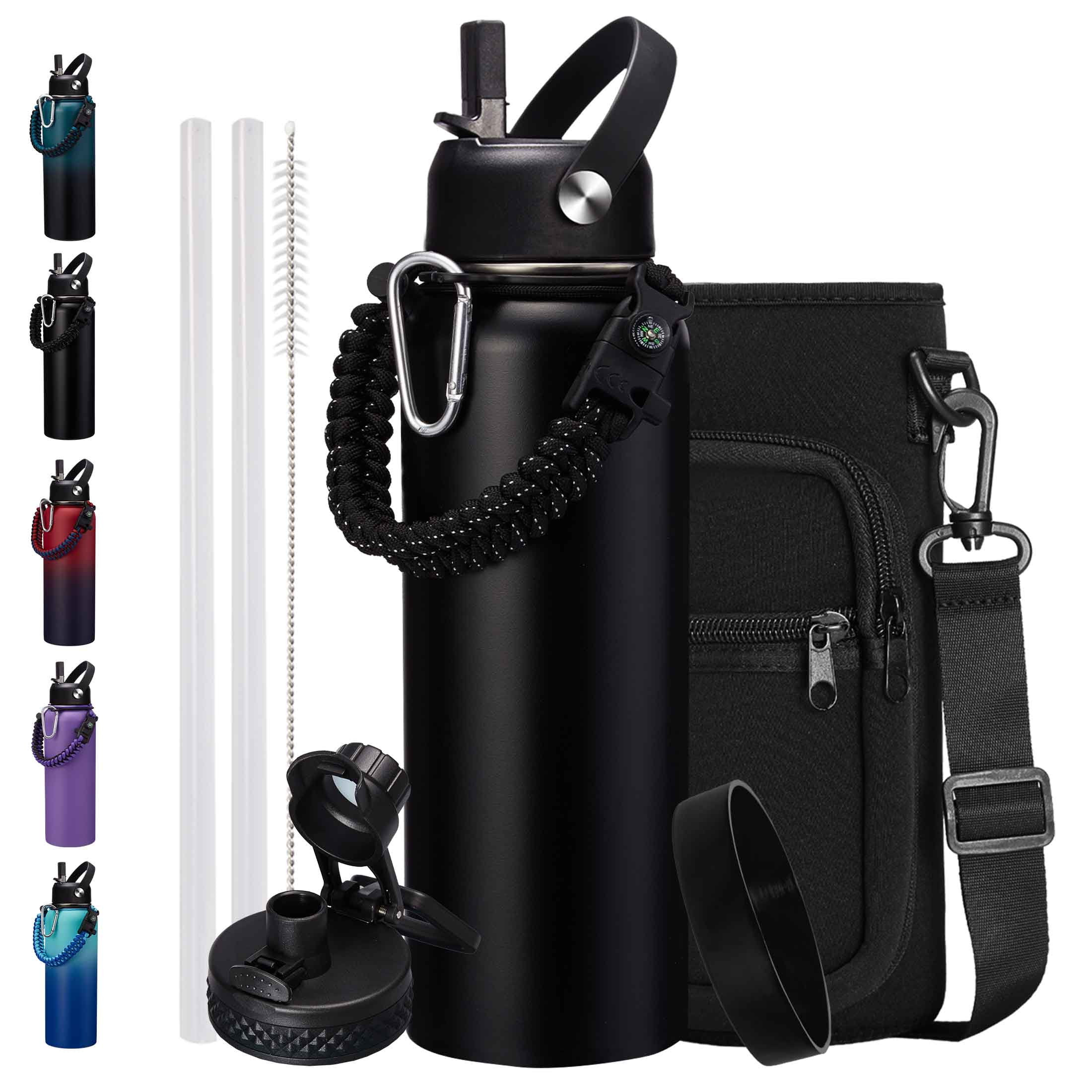40oz Insulated Water Bottle with Straw - Auto Spout Lid, Strap Sleeve ...