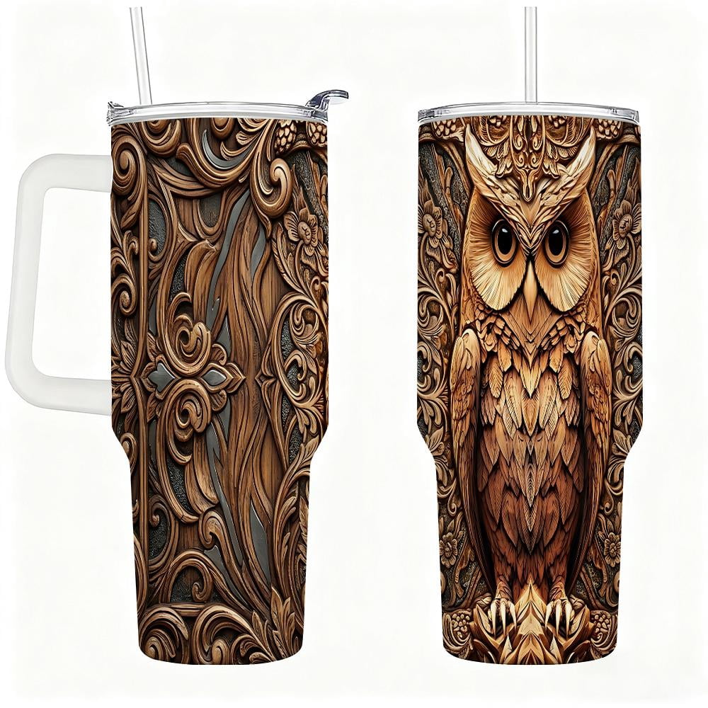 40oz Majestic Owl Carving Stainless Steel Tumbler，Coffee Cups With Lids ...