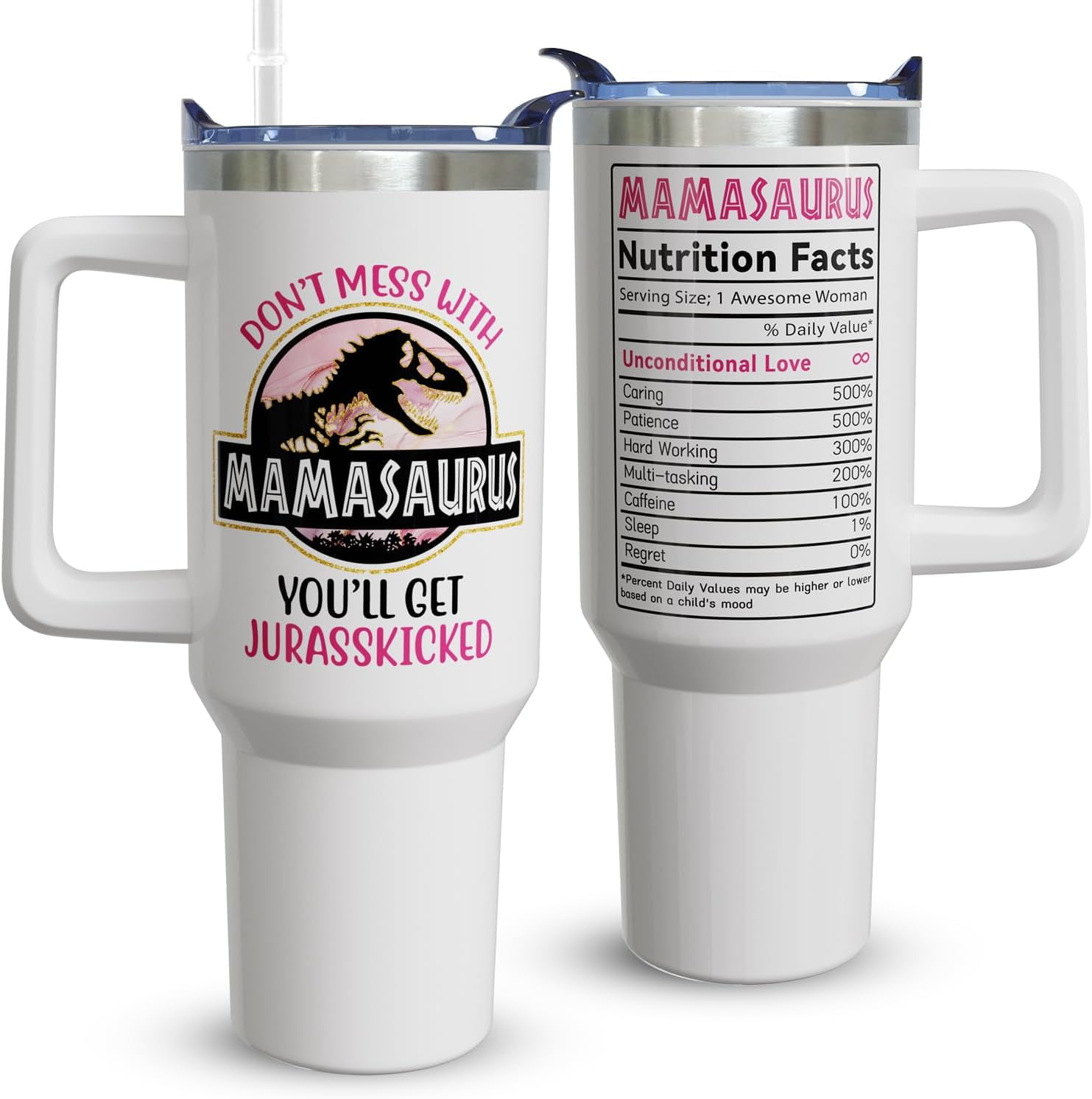40oz Mom Tumbler with Handle - Mamasaurus Coffee Travel Mug, Insulated ...