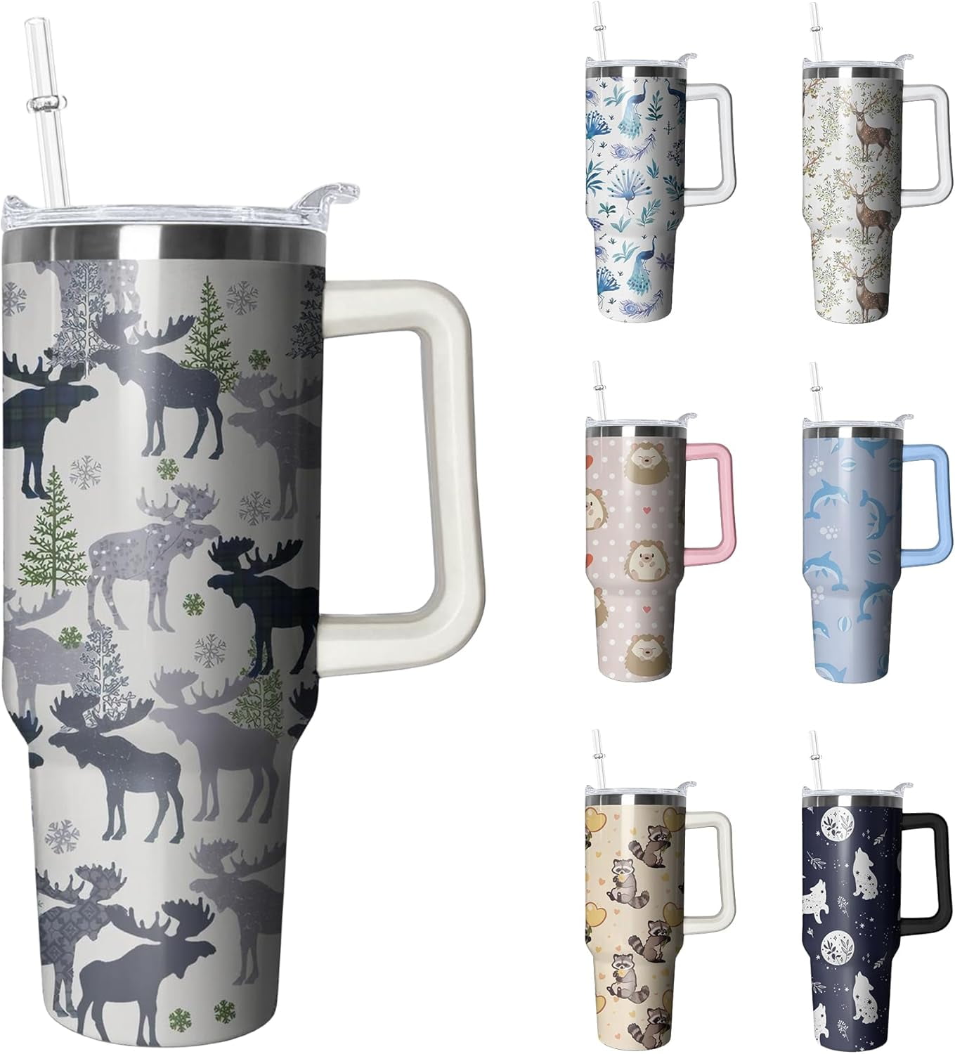 40oz Moose Stainless Steel Tumbler with Handle and Straw, Insulated Cup ...
