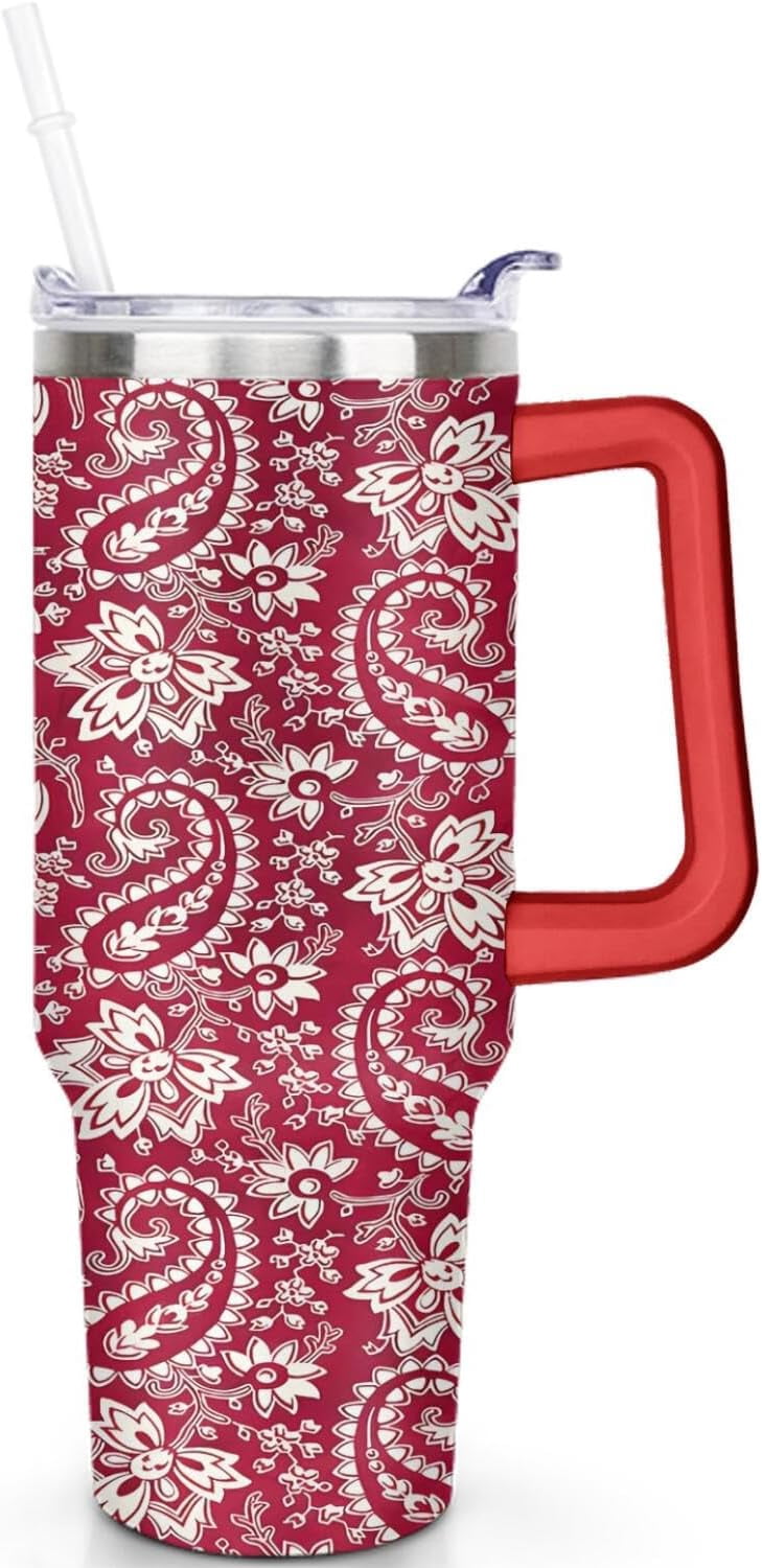 40oz Paisley Floral Tumbler with Handle and Straw, Insulated Stainless ...