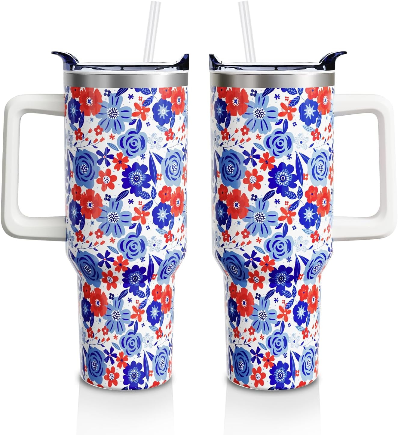 40oz Patriotic Tumbler with Handle, Straw & Lid - Red and Blue Floral ...