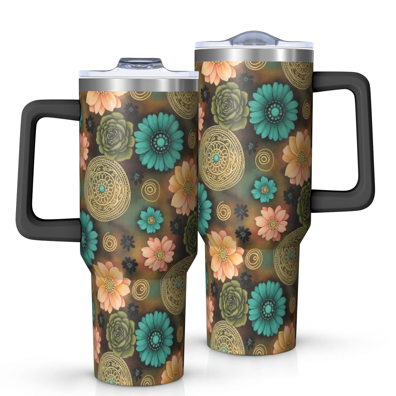40oz Pioneer Flower Floral Print Pattern Insulated Tumbler with Handle ...