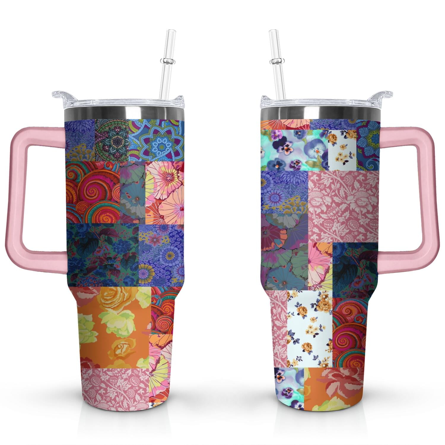 40oz Pioneer Patchwork Tumbler with Handle Lid and Straw,Bohemian Style ...