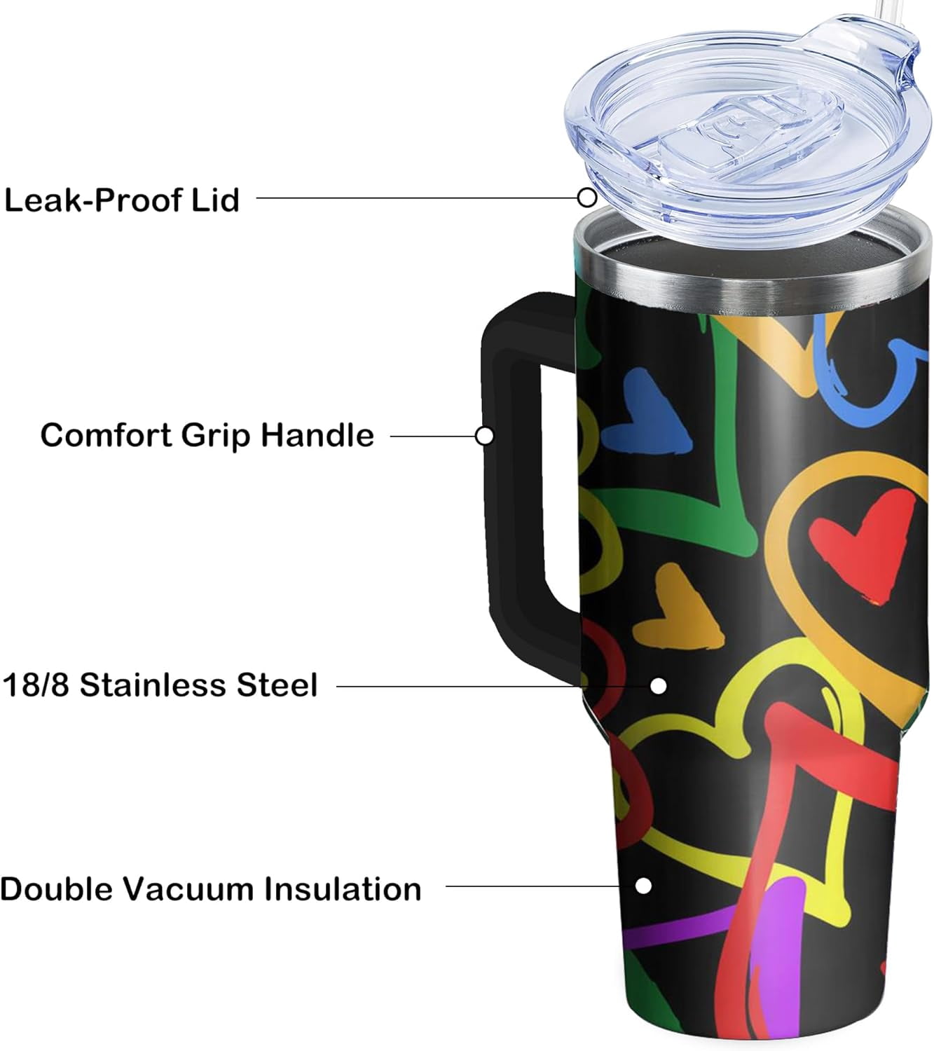 40oz Rainbow HeartTumbler With Handle and Straws, Gifts For Gays ...