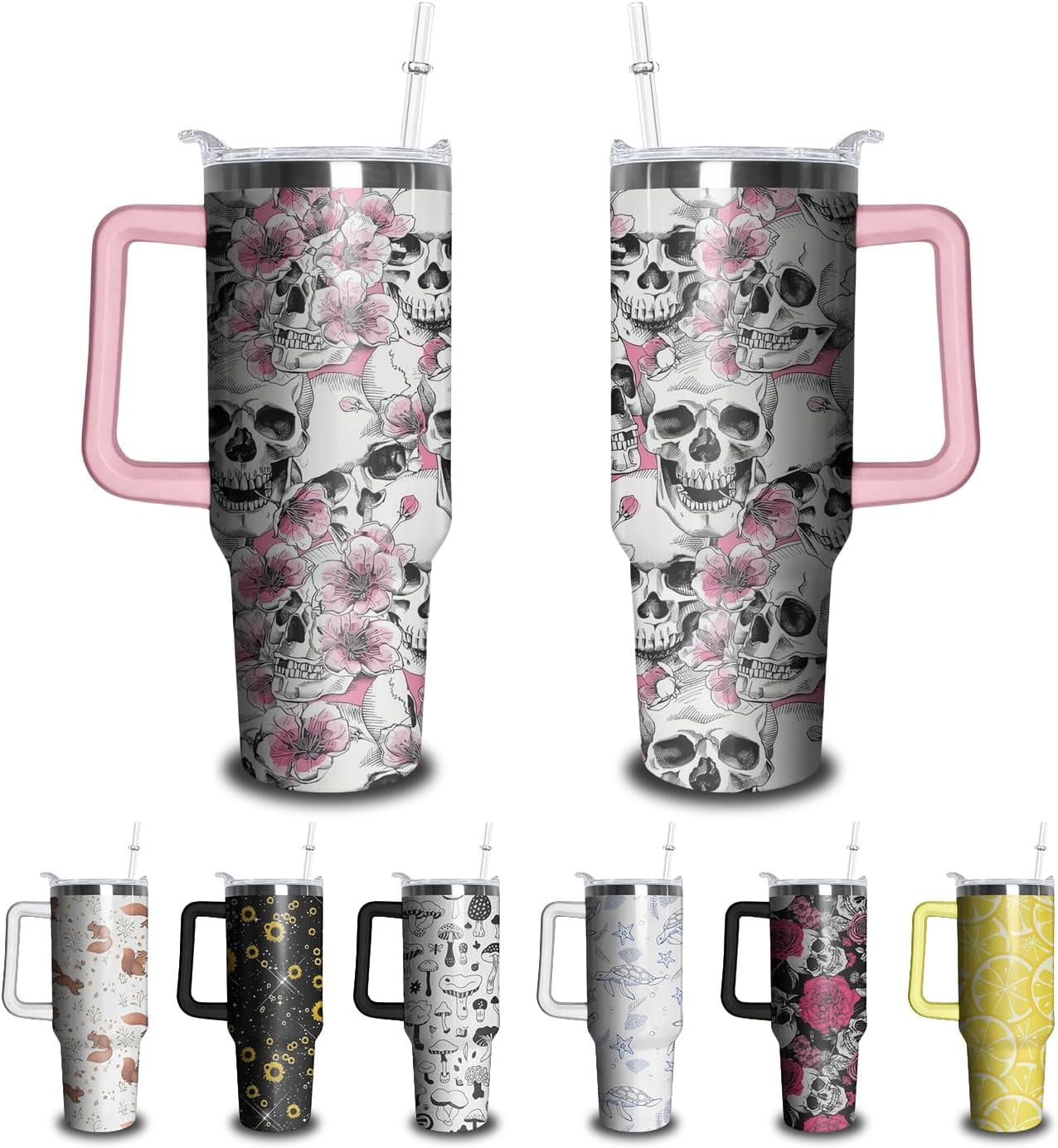 40oz Skull Tumbler with Handle and Straw, Skeleton Gothic Floral ...