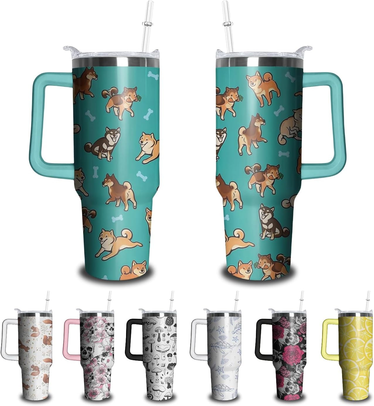 40oz Skull Tumbler with Handle and Straw, Skeleton Gothic Floral ...