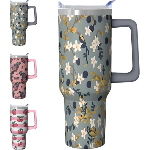 40oz Slate Blue Floral Insulated Tumbler with Handle and Straw Lid ...