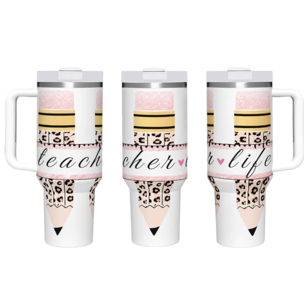 40oz Stainless Steel Leopard Pink Glitter Pencil Teacher Life Print ...