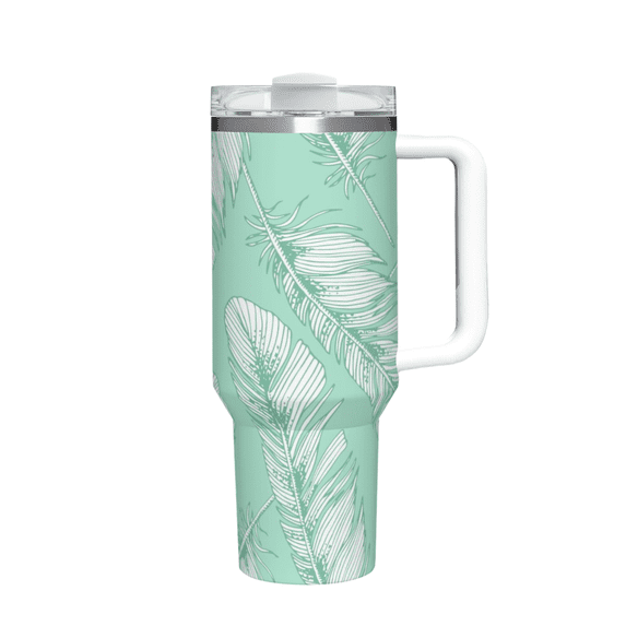 40oz Stainless Steel Mint Green Base White Feather Print Tumbler, Fits ...