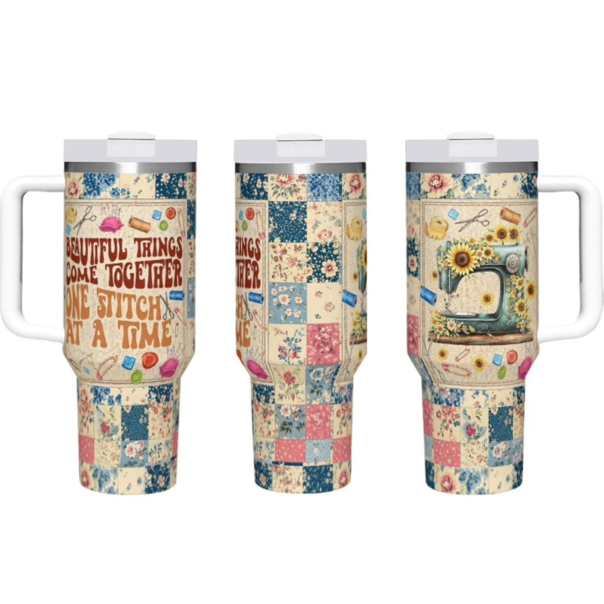 40oz Stainless Steel Retro Patchwork Quilt Sewing Craft Tumbler Travel ...