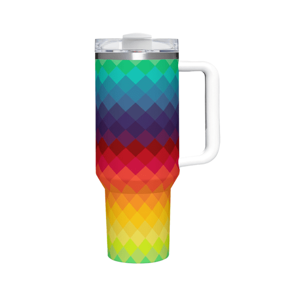 40oz Tumbler with Handle, Rainbow Gradient Diamond Geometric Print ...