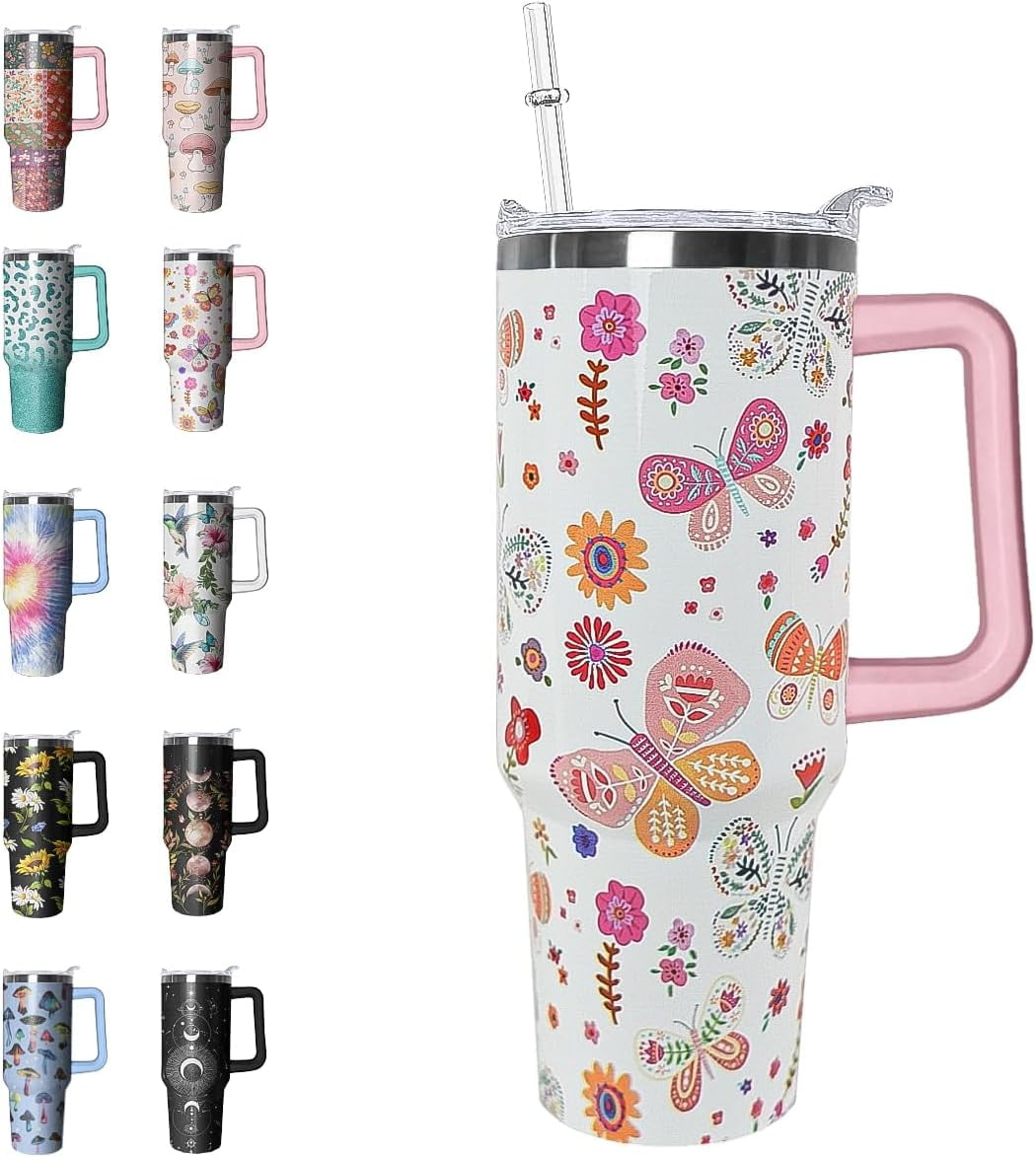 40oz Tumbler with Handle and Straw Butterfly Tumbler Leak Proof ...