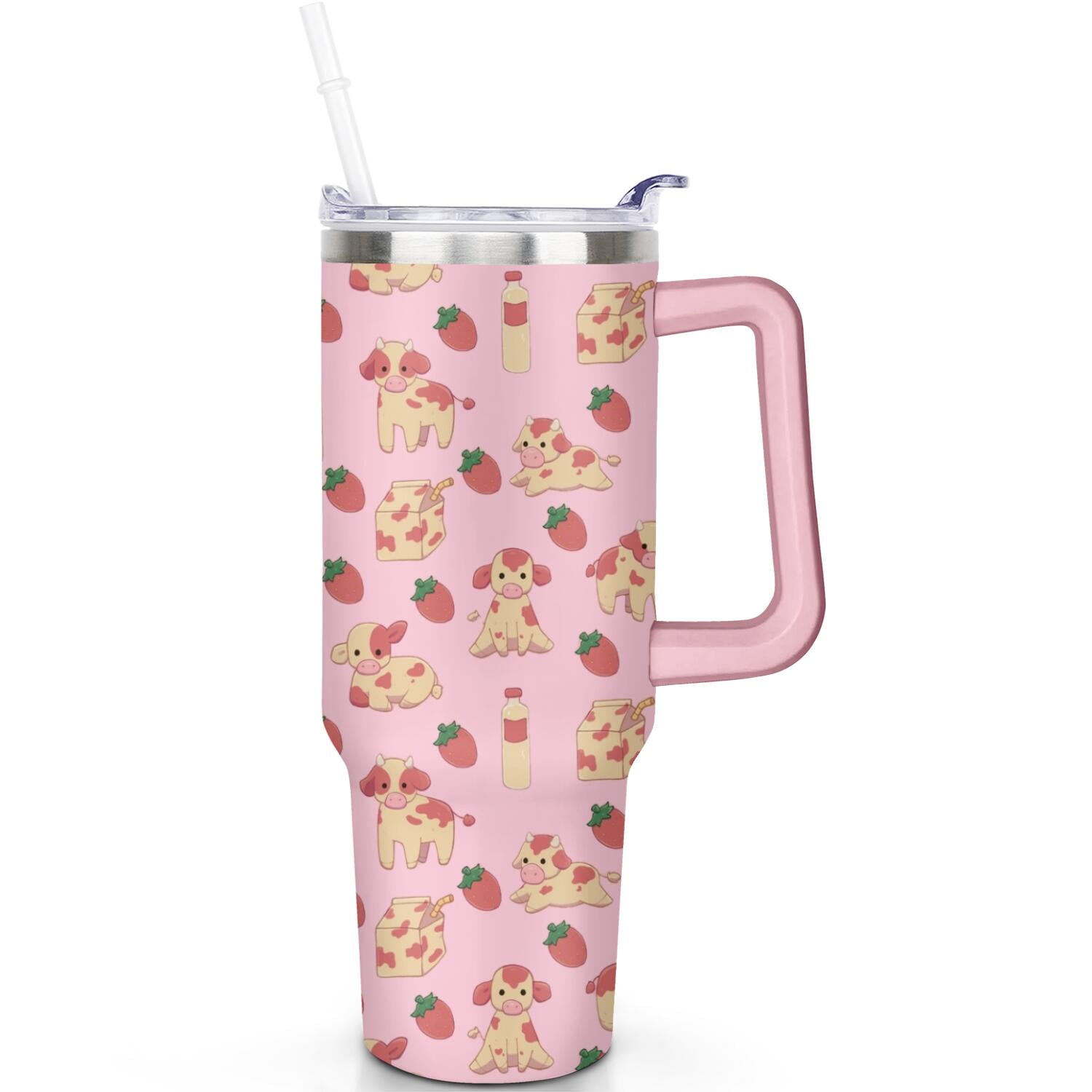 40oz Vacuum Insulated Tumbler: Strawberry Design Handle Flip Straw Lid ...