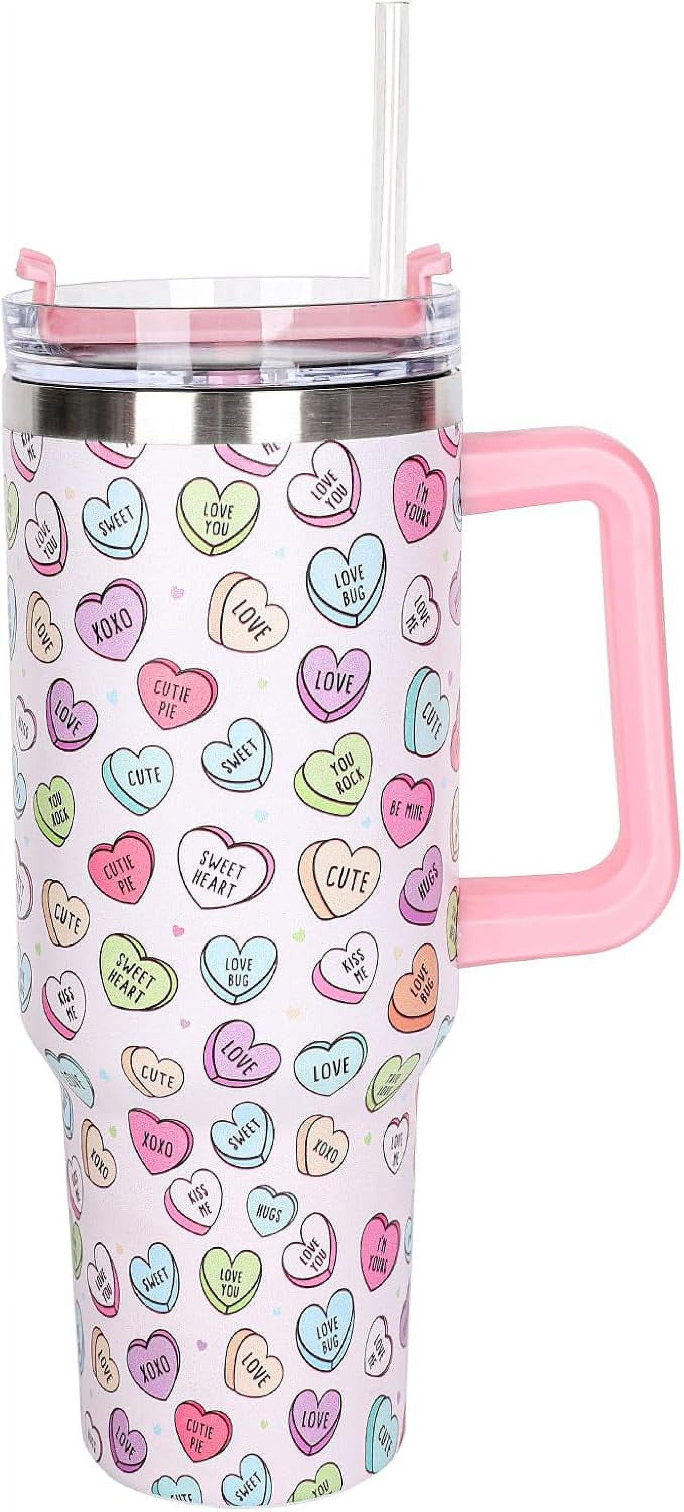 40oz Valentine Tumbler with Handle Straw and Lid Love Heart Travel ...