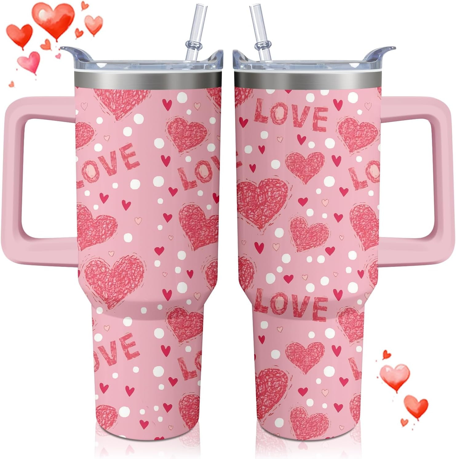 40oz Valentines Tumbler with Handle and Straw, Heart Stainless Steel ...