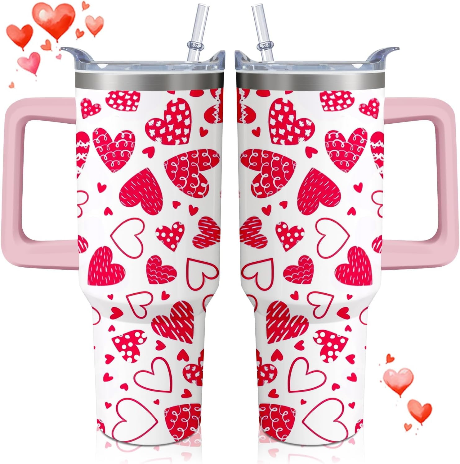 40oz Valentines Tumbler with Handle and Straw, Heart Stainless Steel ...
