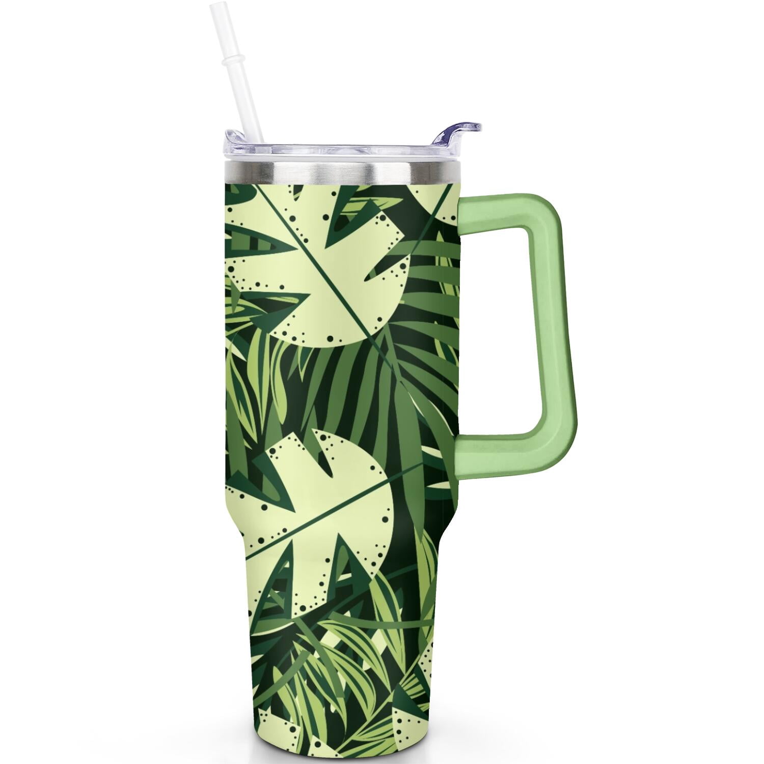 40oz Wave & Leaf Print Tumbler with Handle, Leak Proof Stainless Mug ...