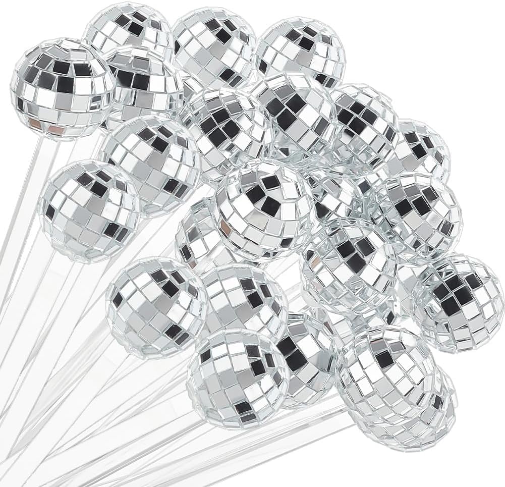 40pc Disco Ball Plastic Cocktail Stirrers Stirring Rods Round Silver ...