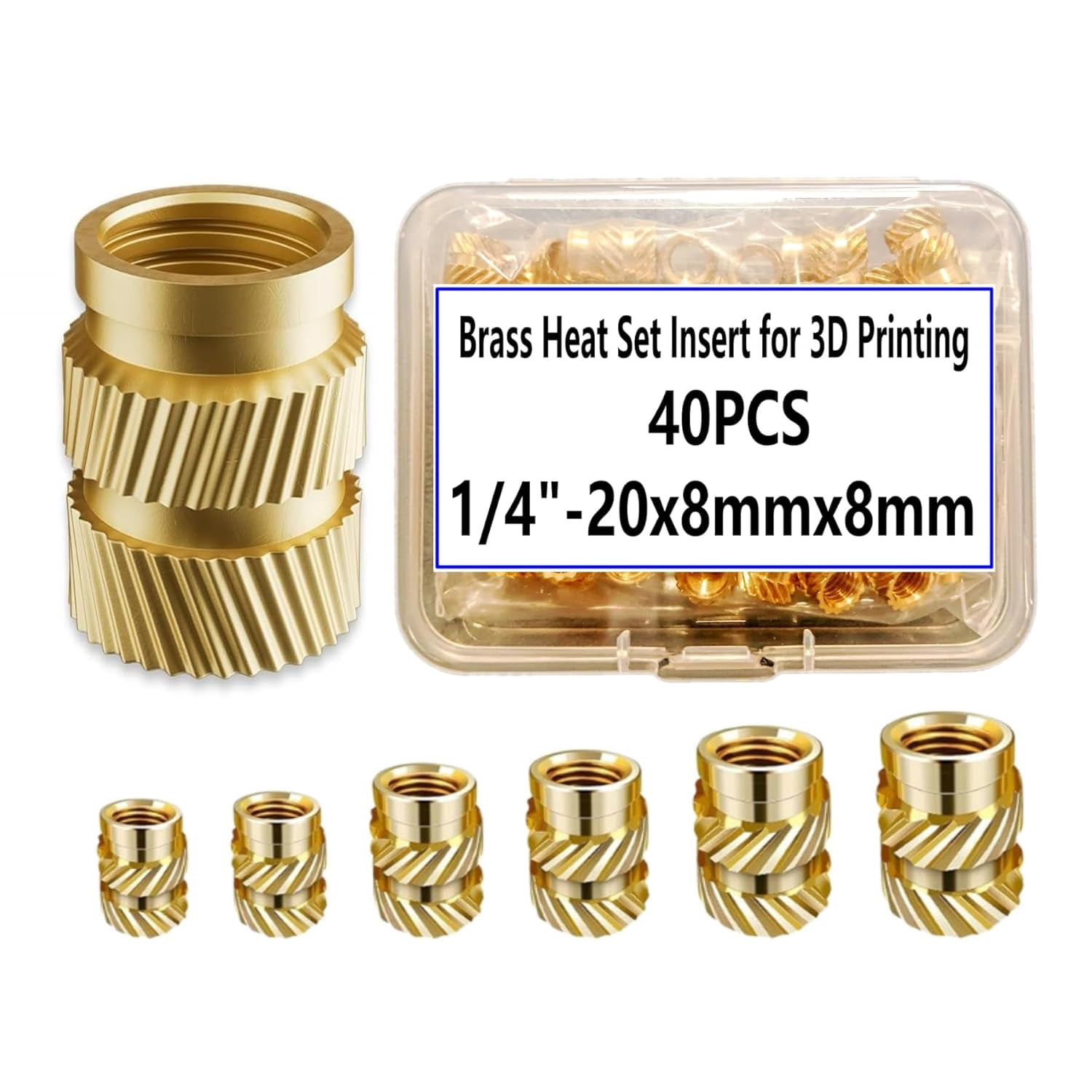 40pcs 1/4" Brass Threaded Inserts, UNC Knurled Nuts, 1/4"-20x8x8 Heat ...