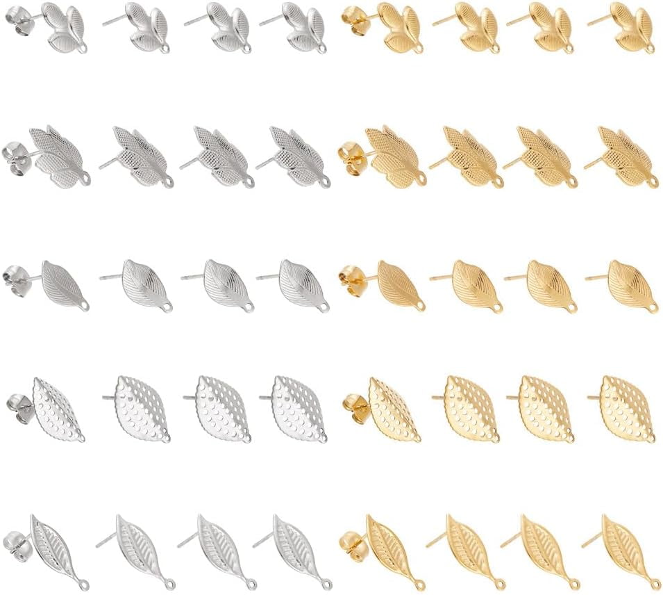 40pcs 10 Styles 304 Stainless Steel Leaf Stud Earring Findings with Horizontal Loops and Ear ...