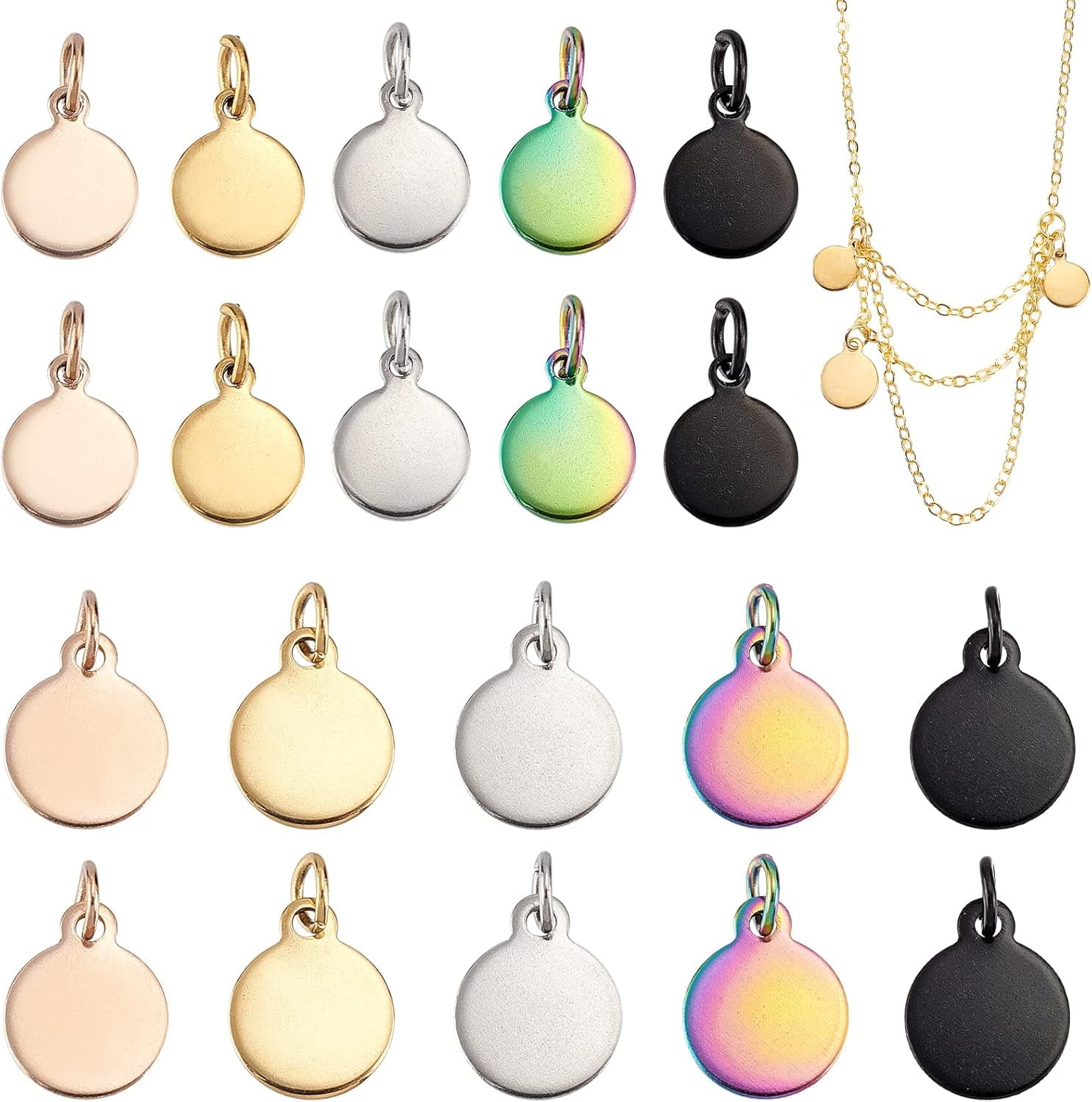 40 Pcs 5 Colors Flat Round Disc Pendants Stainless Steel Stamping ...