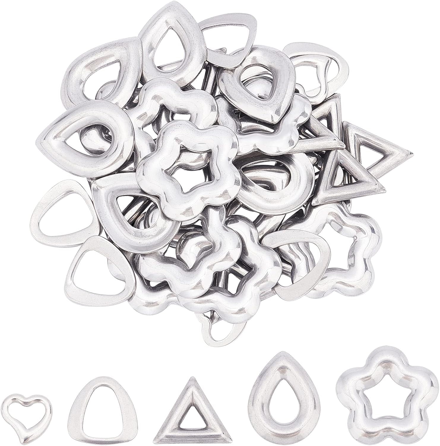 40pcs 5 Styles Triangle/Teardrop/Flower/Heart Linking Rings Stainless ...