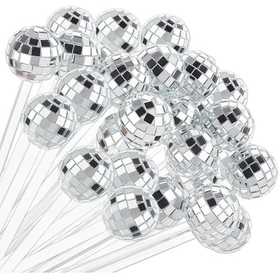 40pcs 7.4x1 Inch Disco Balls Cocktail Stirrers Silver Cocktail Disco ...