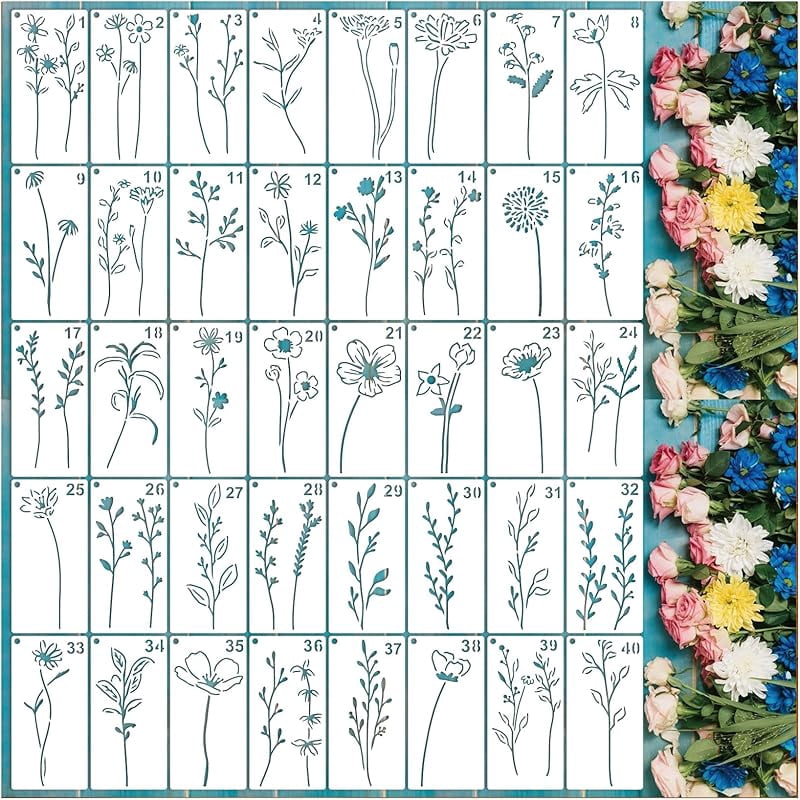 40pcs Flower Stencils for Painting on Wood Small Floral Spring Plant ...