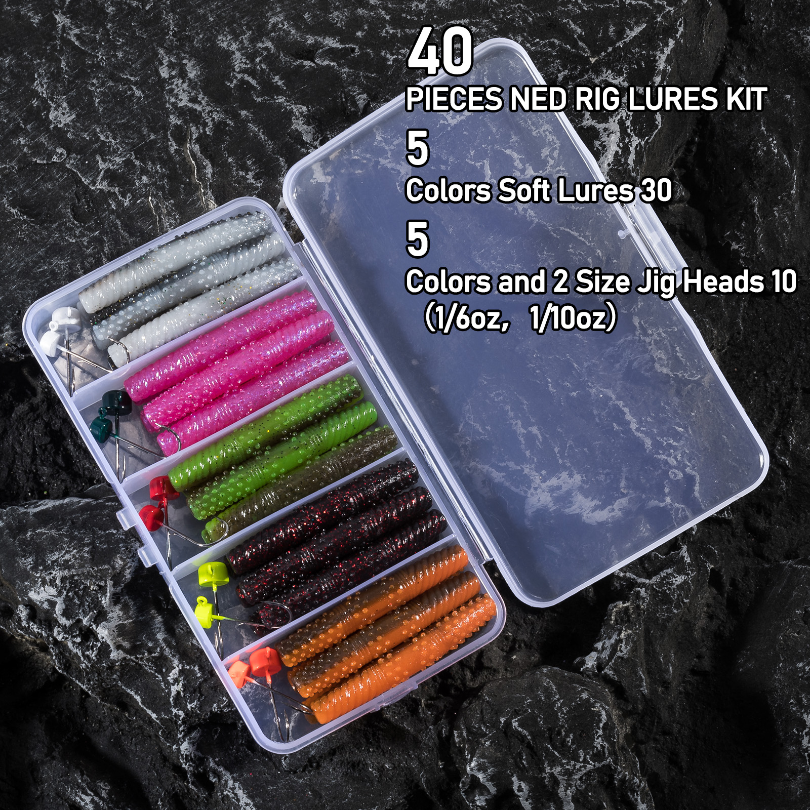 40pcs Ned Rig Lure Kit Jig Head Hook Fishing Soft Plastic Lure Worm ...