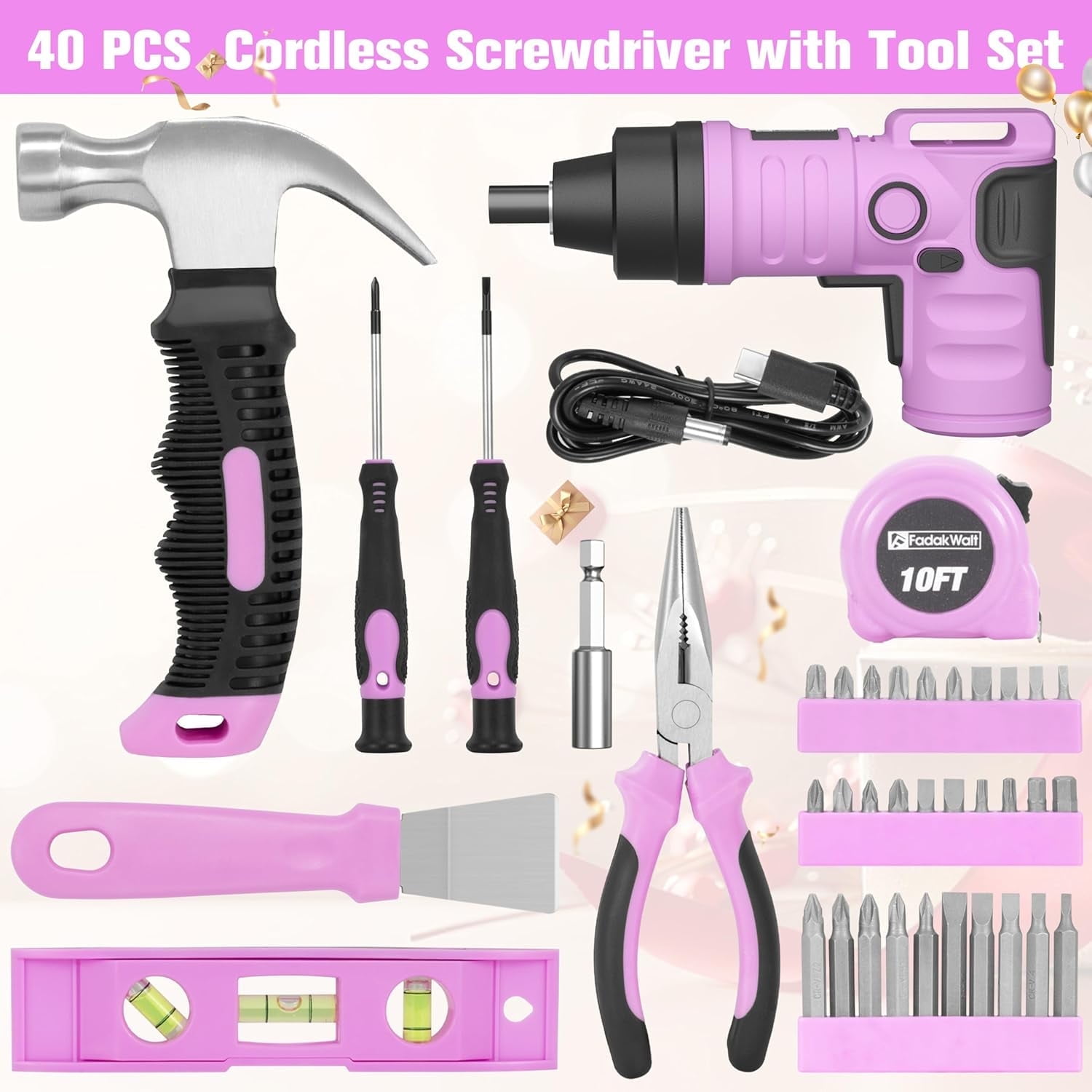 Pink Electric Screwdriver Set with Cordless Drill, Women's Tool Kit ...