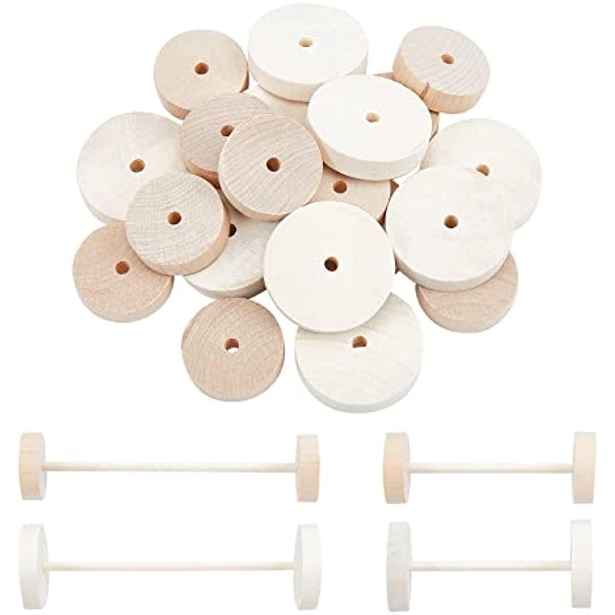40pcs Wood Wheels Unfinshed Wooden Wheel with Wooden Sticks Wooden ...