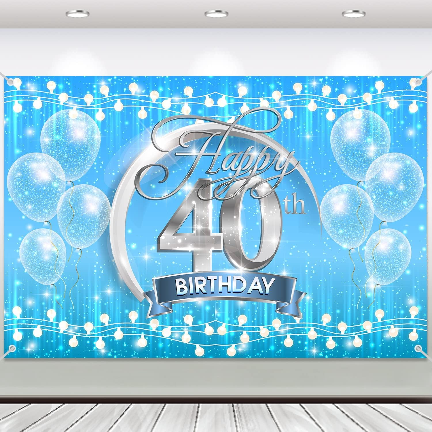40th Birthday Backdrop Banner Decorations Blue and Silver for Men Women ...