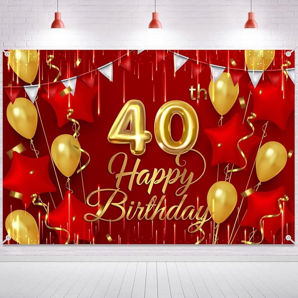 40th Birthday Backdrop Banner Decorations Red and Gold for Women Men ...