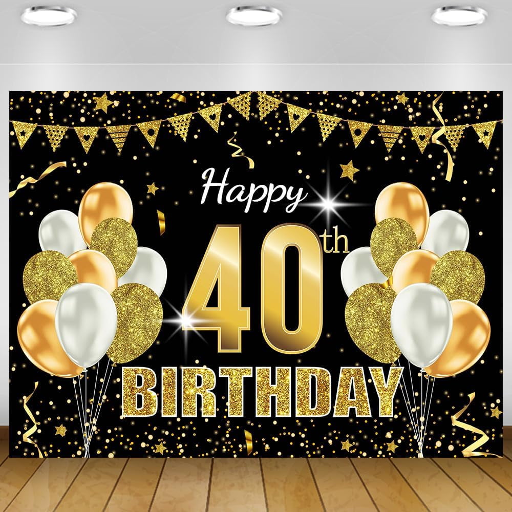 40th Birthday Backdrop Black Gold Theme Birthday Party Backdrop Glitter ...