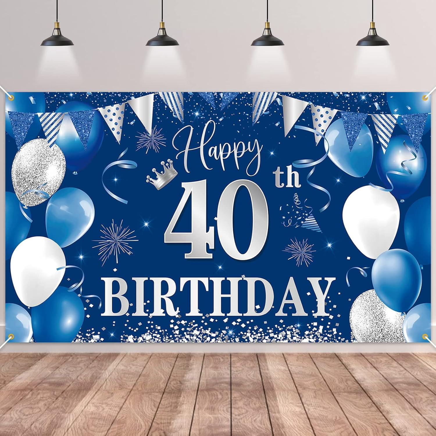 40th Birthday Banner Backdrop, Happy 40th Birthday Decorations,Blue ...