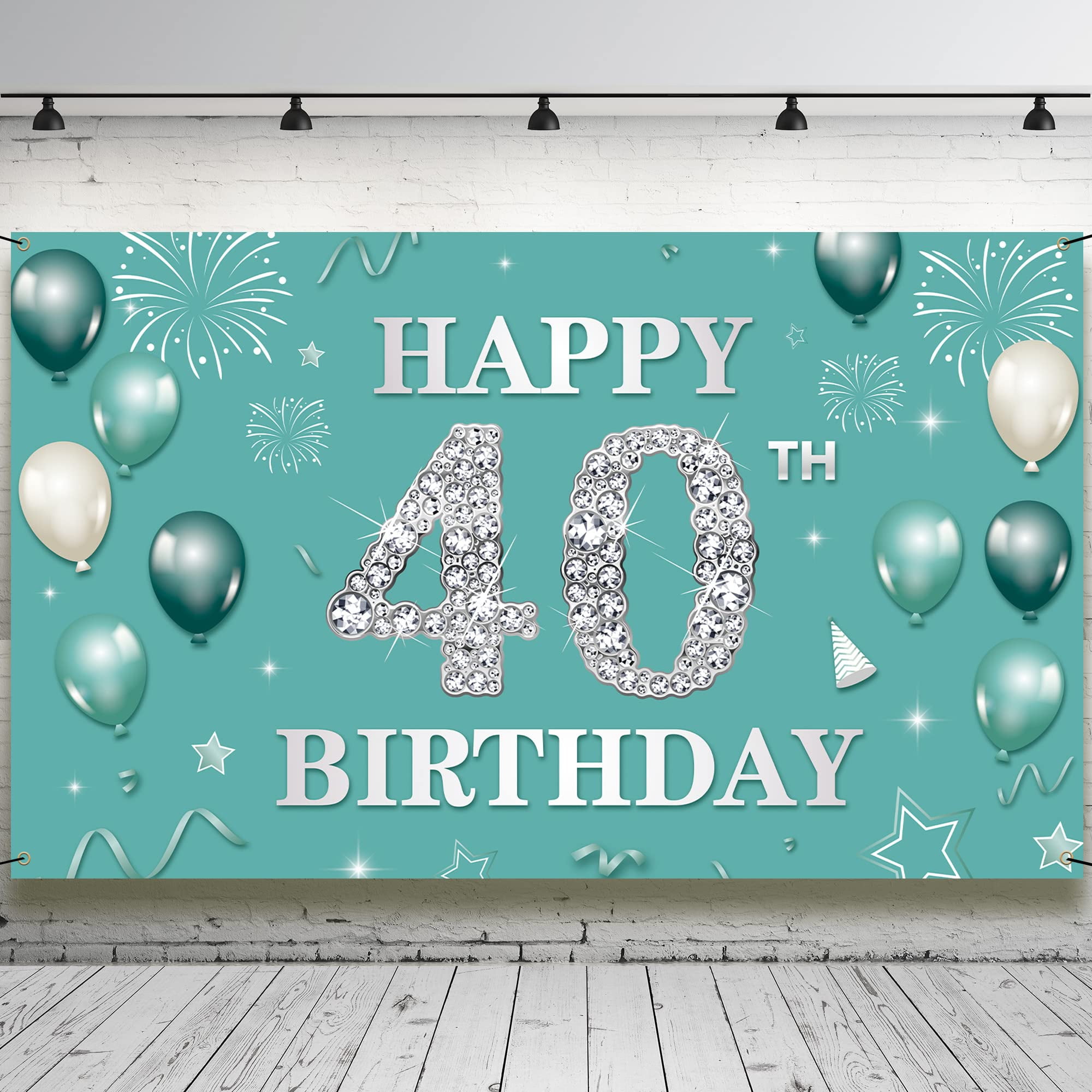 40th Birthday Banner Backdrop, Teal Silver Happy 40th Birthday ...