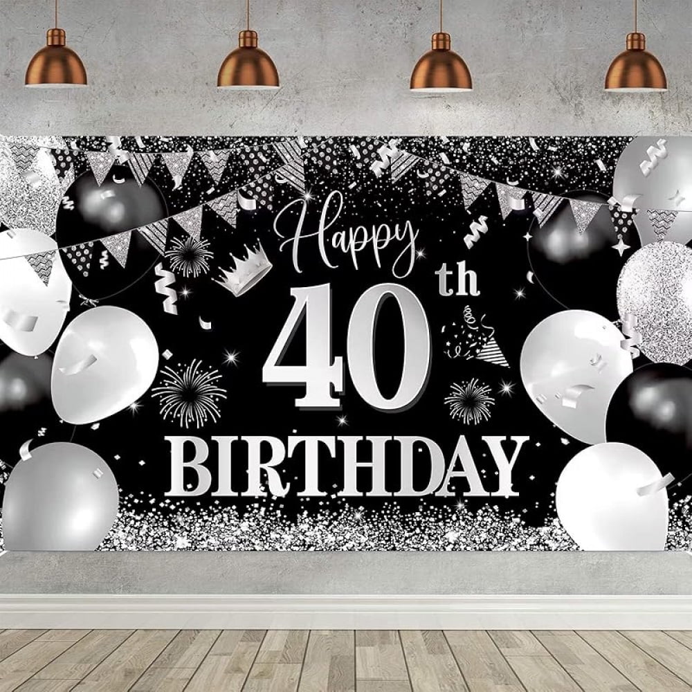 40th Birthday Banner Black Silver Birthday Banner for Men Women ...