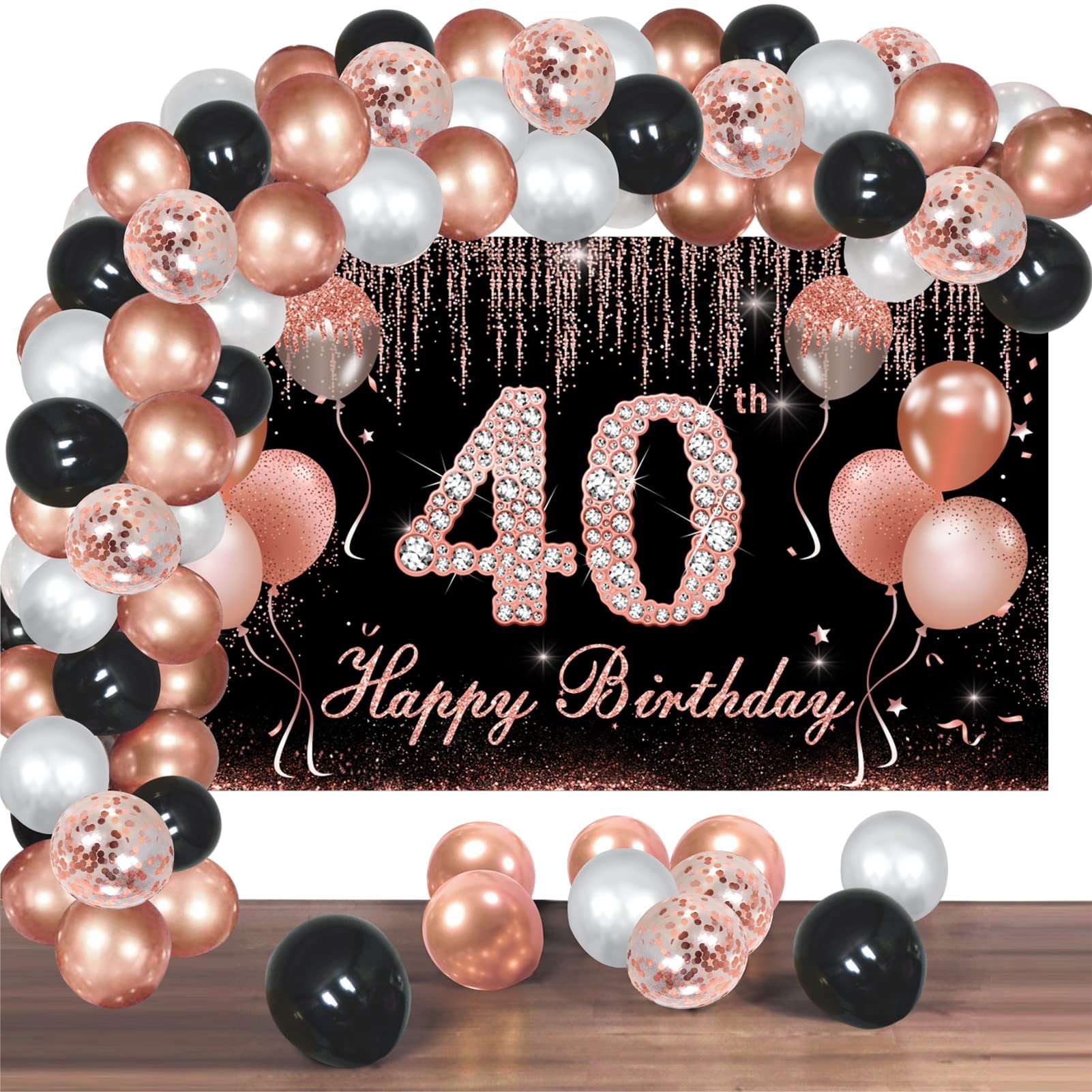 40th Birthday Banner Decorations DHF10 with Confetti Balloon Arch Rose ...