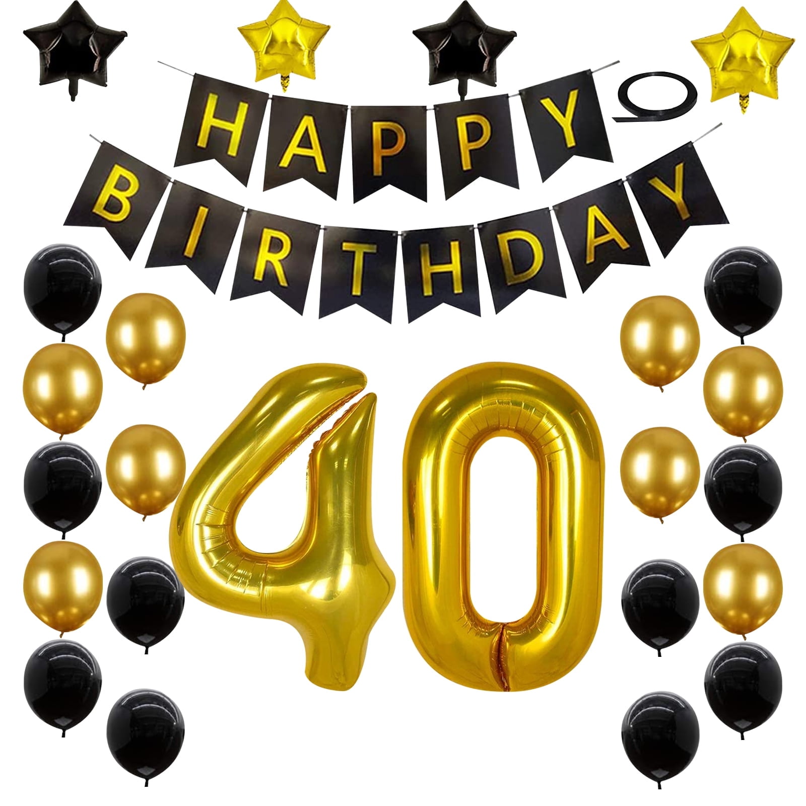 40th Birthday Decorations Kit, Large Number 40 Balloons, Black and Gold ...