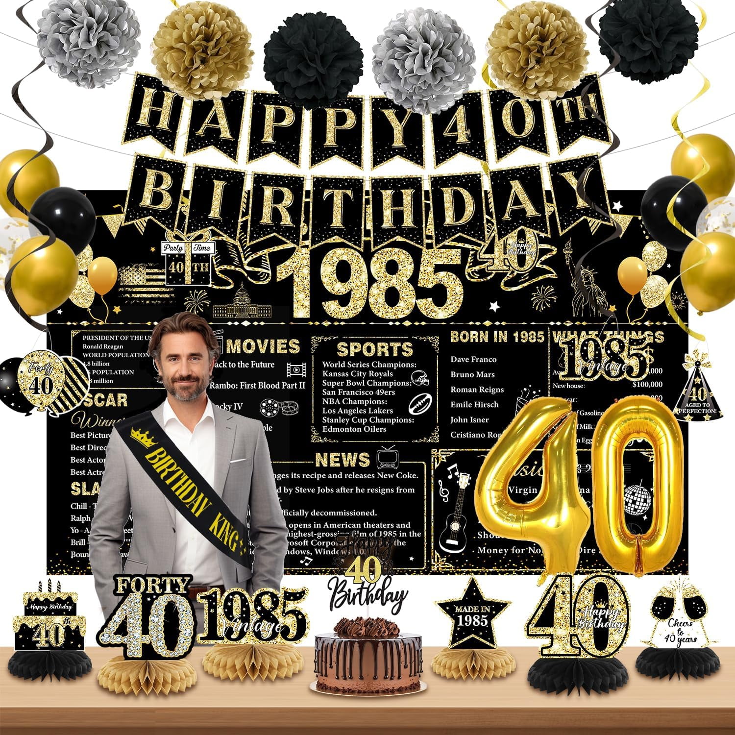 40th Birthday Decorations Men, Black Gold Back In 1985 Birthday Banner ...