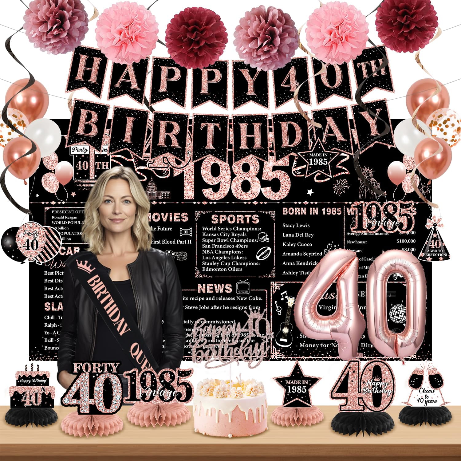 40th Birthday Decorations for RRF12 Women, Rose Gold In 1985 Birthday ...