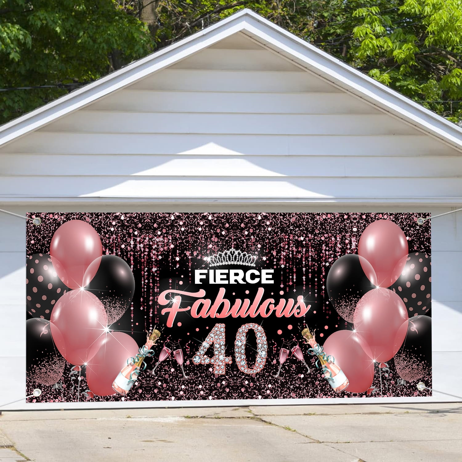 40th Birthday Garage Banner Decorations for Women, Pink Gold Happy 40 ...