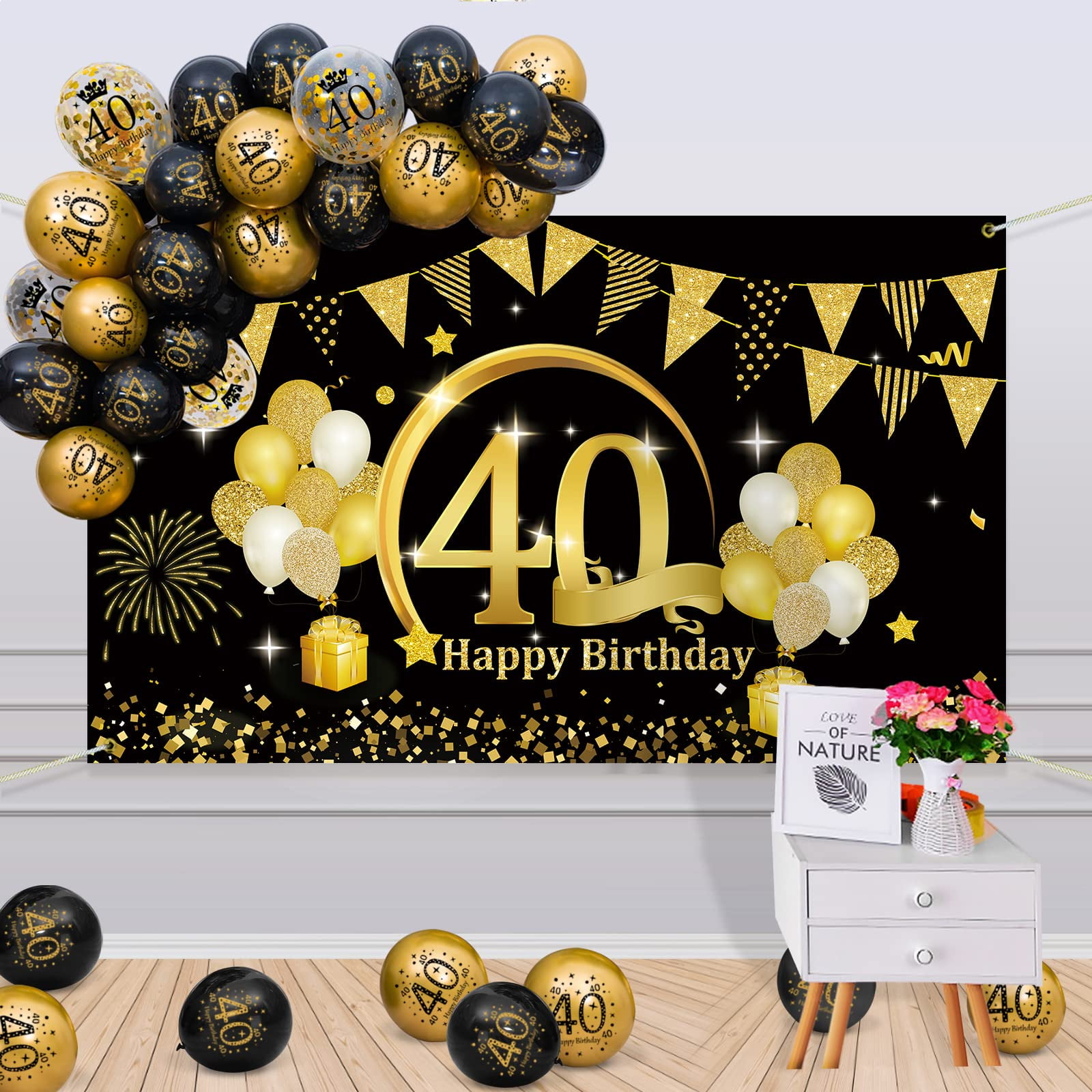 40th Birthday Party Decorations, Black and Gold Happy 40th Birthday ...