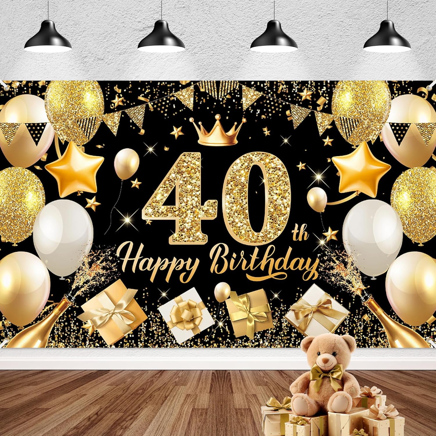 40th Black Gold Happy Birthday Banner Backdrops Decoration, 40th ...