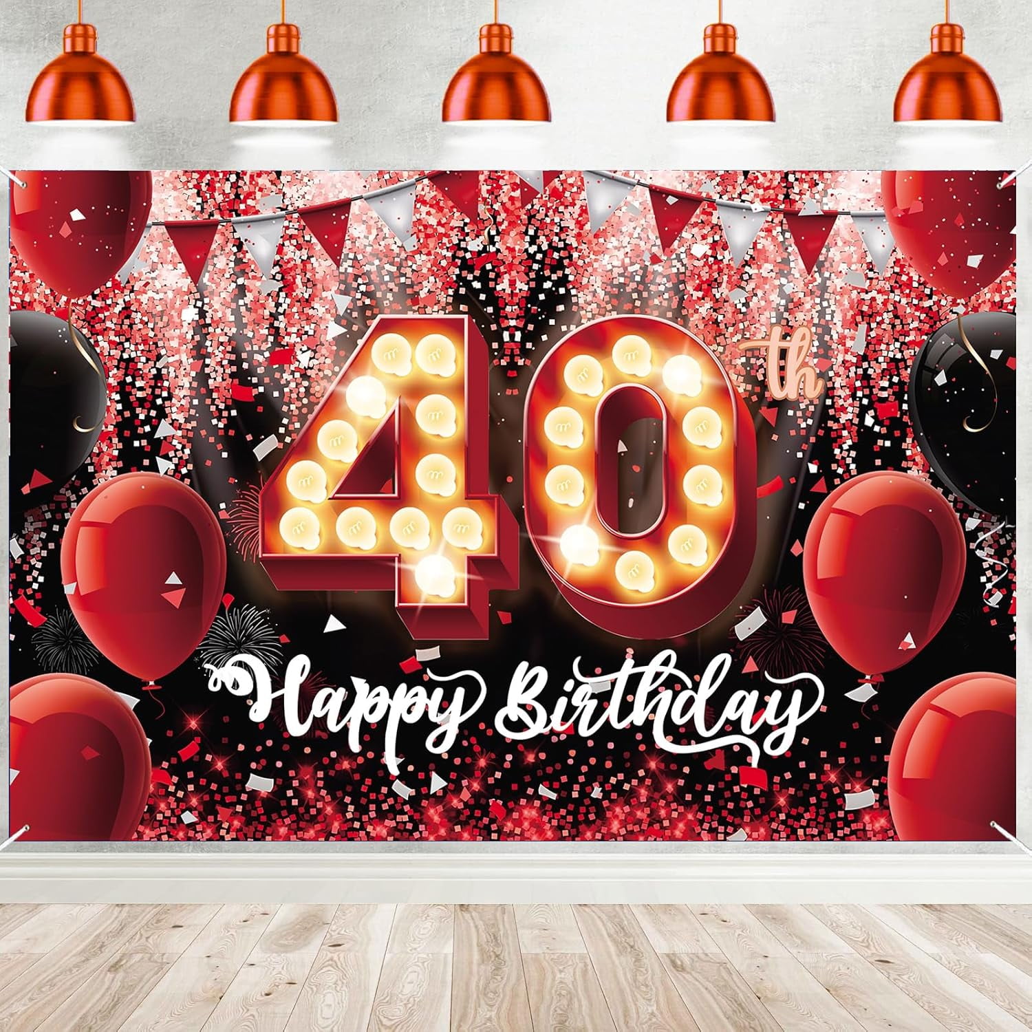 40th Happy Birthday Banner Red Sequin Balloon Banner Backdrop for Man ...
