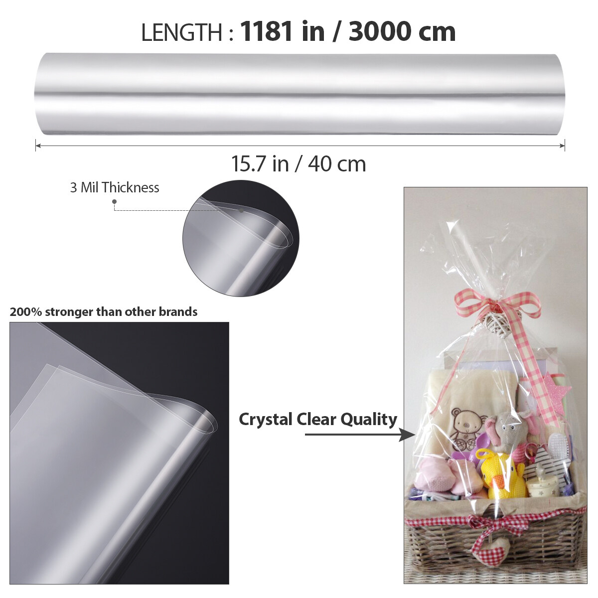 40x3000cm Transparent Cellophane Wrap Paper Roll Clear Wrapper Roll for ...
