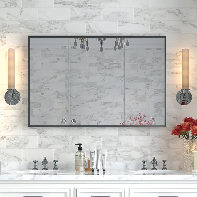 40x30inch Silver Rectangular Wall-mounted Beveled Bathroom Mirror ...