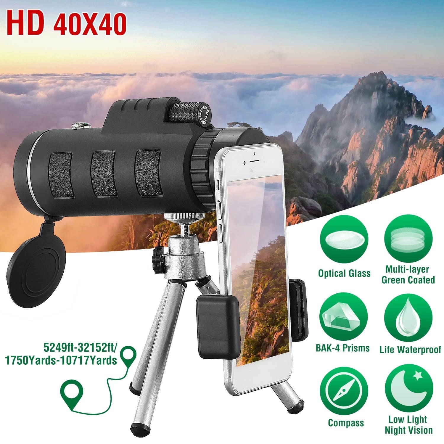 40x40 HD Optical Monocular Telescope w/ FMC Lens Low Light Vision Scope ...