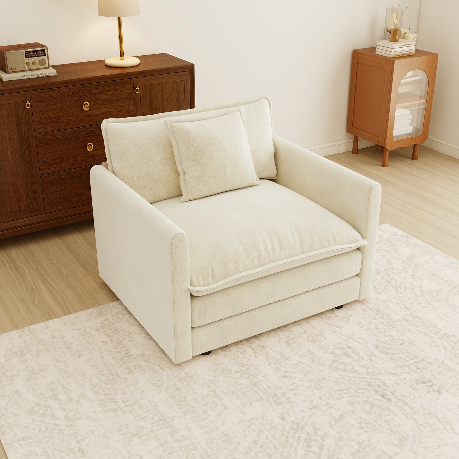 41.1” Chenille Single Sofa, Beige White Accent Couch, Modular Sectional ...